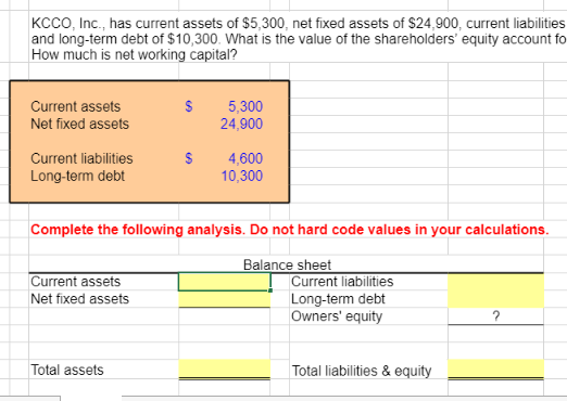 SOLVED: KCCO, Inc., has current assets of $ 5,300, net fixed assets of ...