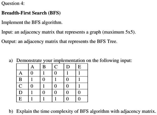 Solved Question 4 Breadth First Search Bfs Implement The Bfs Algorithm Input An Adjacency