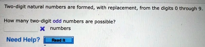 Two-digit natural numbers are formed, with replacement, from the digits 0 through 9. How many ...