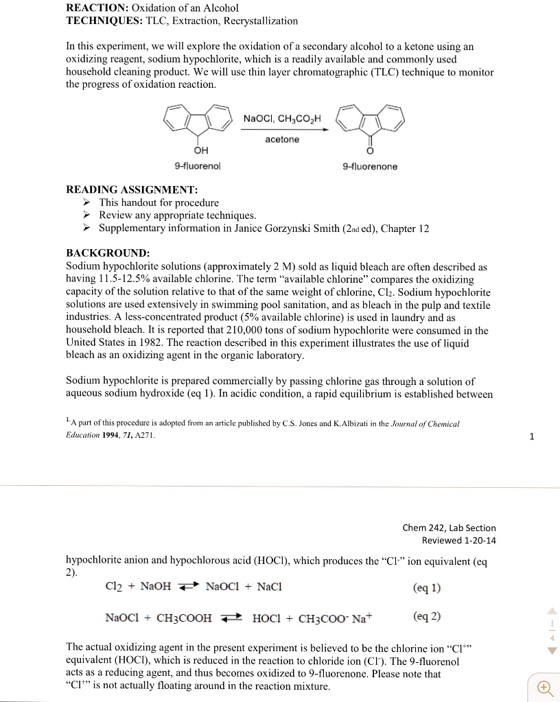 SOLVED: REACTION: Oxidation of an Alcohol TECHNIQUES: TLC , Extraction ...