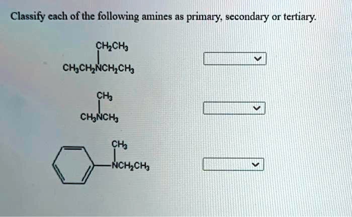 Classify each of the following amines as primary, secondary or tertiary. CH2CH3 CH3CH2NCH2CH3 ...