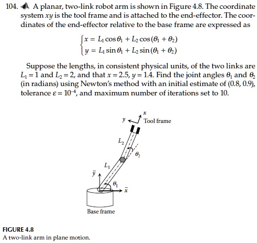 SOLVED: 104. A planar, two-link robot arm is shown in Figure 4.8. The coordinate system xy is ...