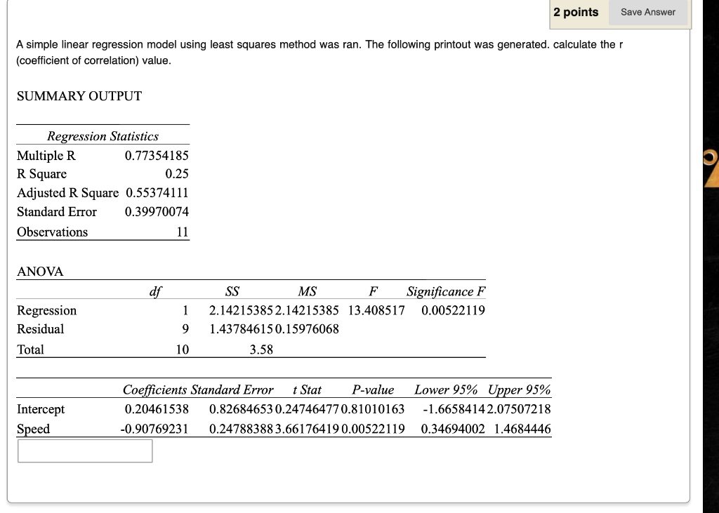 SOLVED: 2 points Save Answer A simple linear regression model using least squares method was ran ...