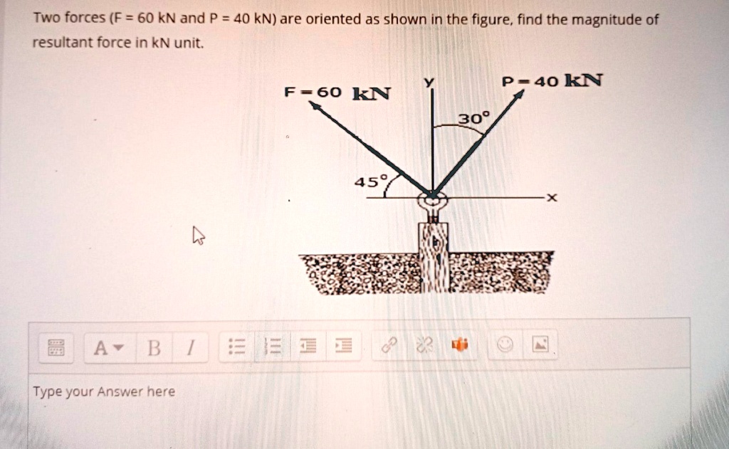 Two forces (F = 60 kN and P = 40 kN) are oriented as shown in the ...