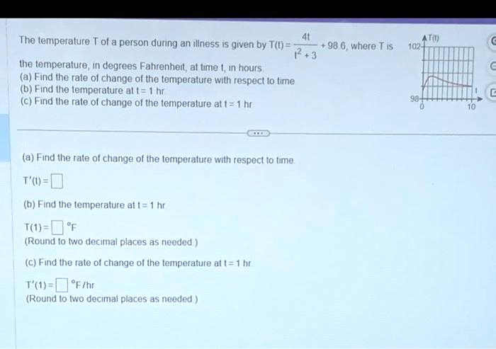 SOLVED: Texts: 4t The temperature T of a person during an illness is ...