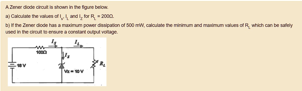 SOLVED: A Zener diode circuit is shown in the figure below: Calculate the values of !;' and !z ...