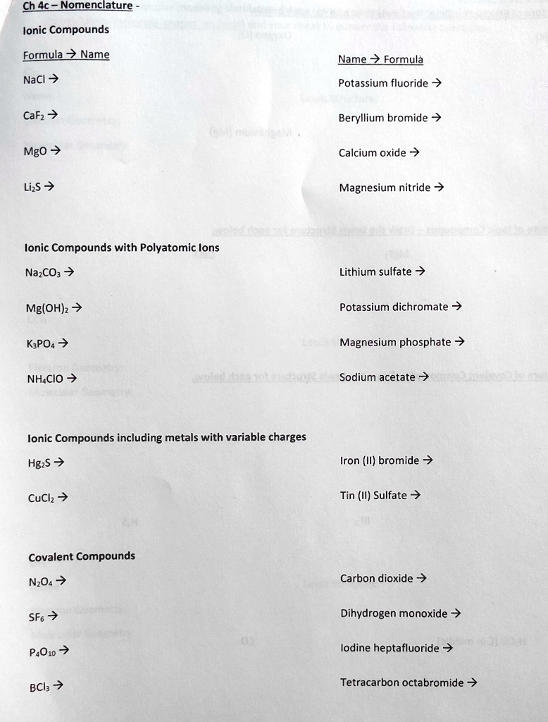 Ch 4c - Nomenclature - Ionic Compounds Formula -> Name NaCl -> Sodium ...