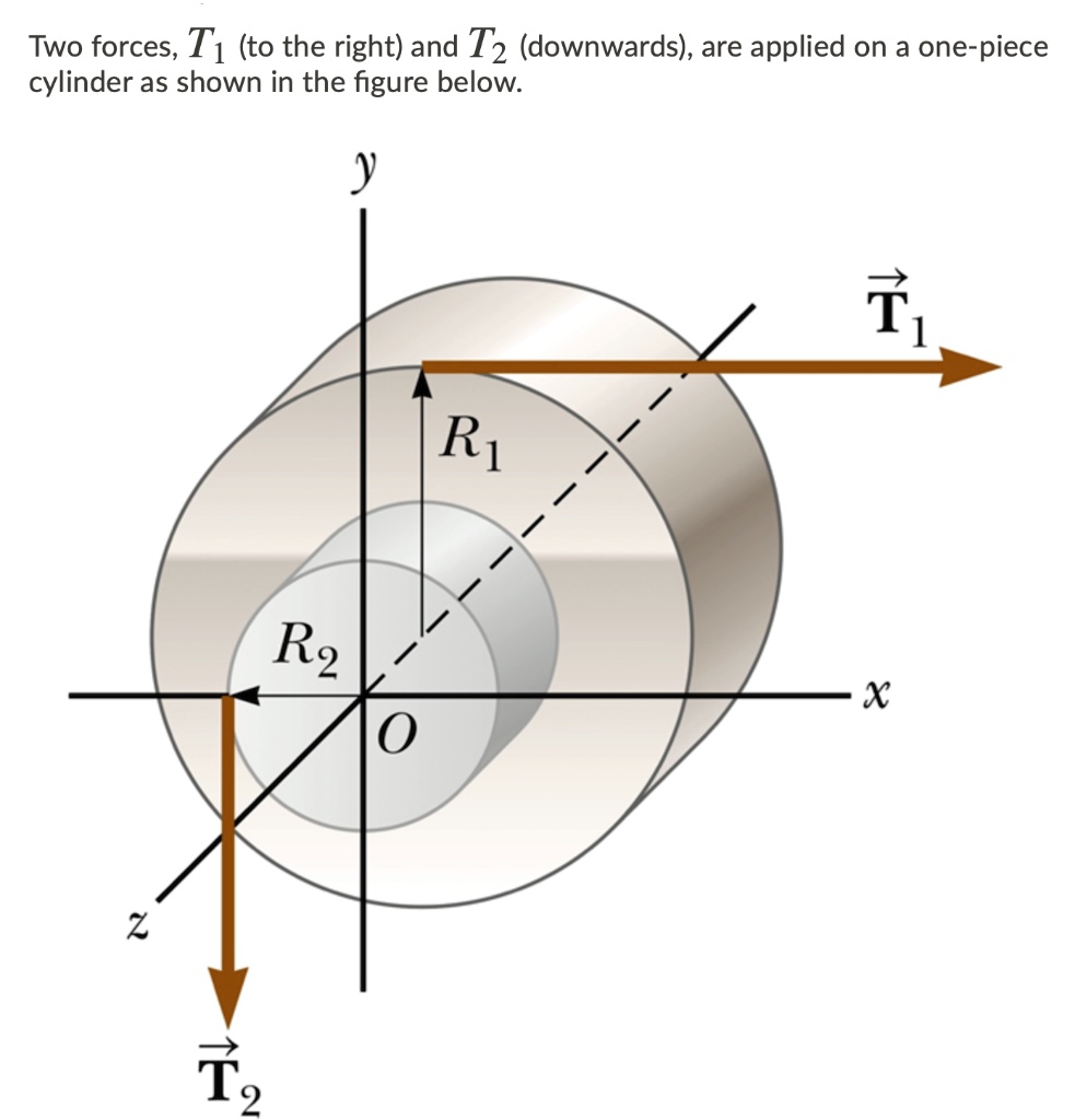 SOLVED: Two forces, T1 (to the right) and T2 (downwards), are applied ...