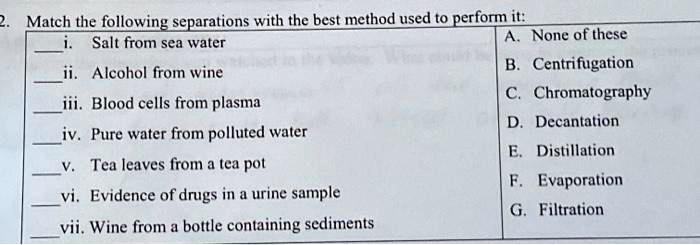 SOLVED: Match the following separations with the best method used to ...