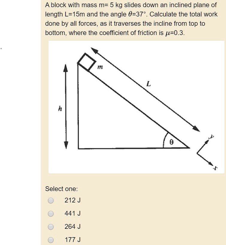a block with mass m 5 kg slides down an inclined plane of length l15m and the angle 037 ...
