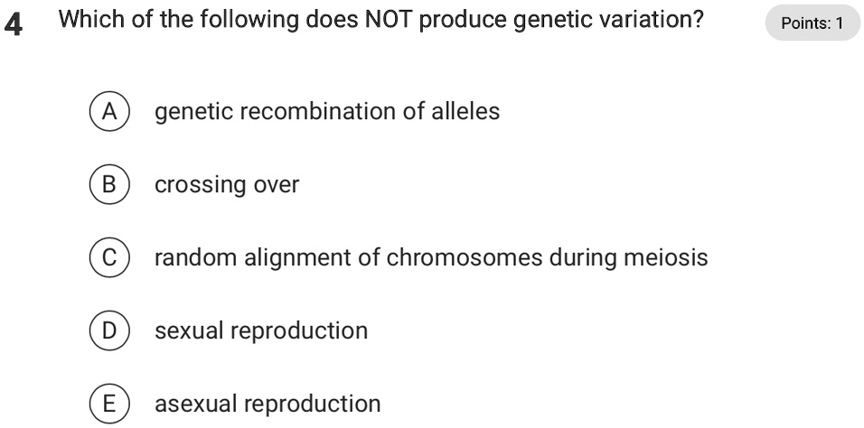 4 Which of the following does NOT produce genetic variation? Points ...