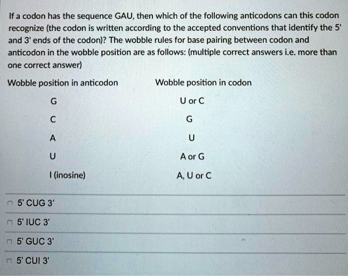 Solved If A Codon Has The Sequence Gau Then Which Of The Following