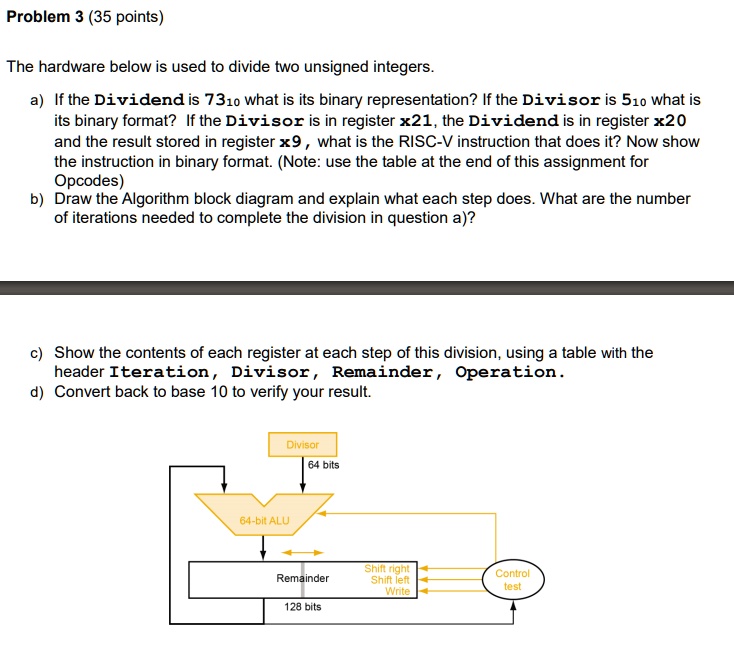 SOLVED: Problem 3 (35 points) The hardware below is used to divide two ...