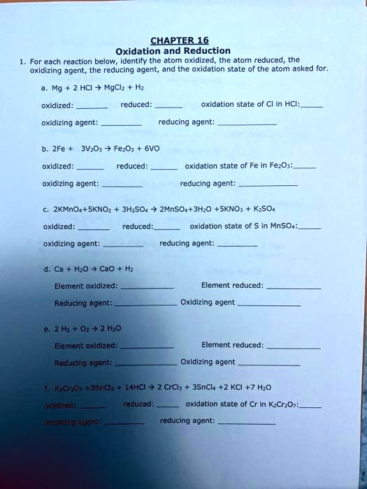 SOLVED: CHAPTER 16 Oxidation and Reduction For each reaction belaw ...
