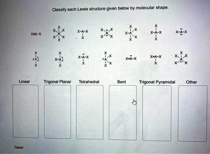 SOLVED: Classify each Lewis structure given below by molecular shape ... SOLVED: Classify each Lewis structure given below by molecular shape ...