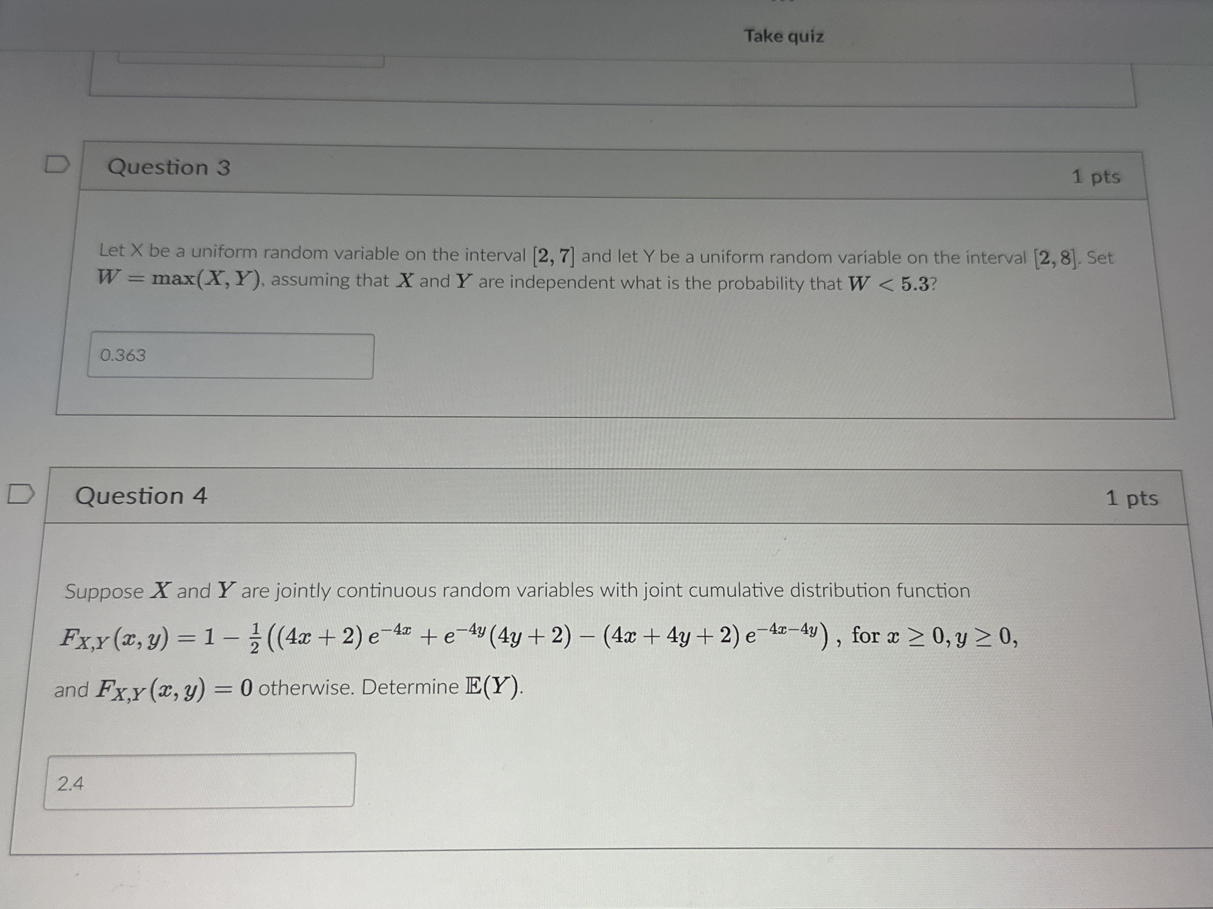 Take Quiz Question 3 1 Pts Let X Be A Uniform Random Variable On The 9325