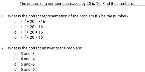 SOLVED: The square of a number decreased by 20 is 16. Find the numbers ...