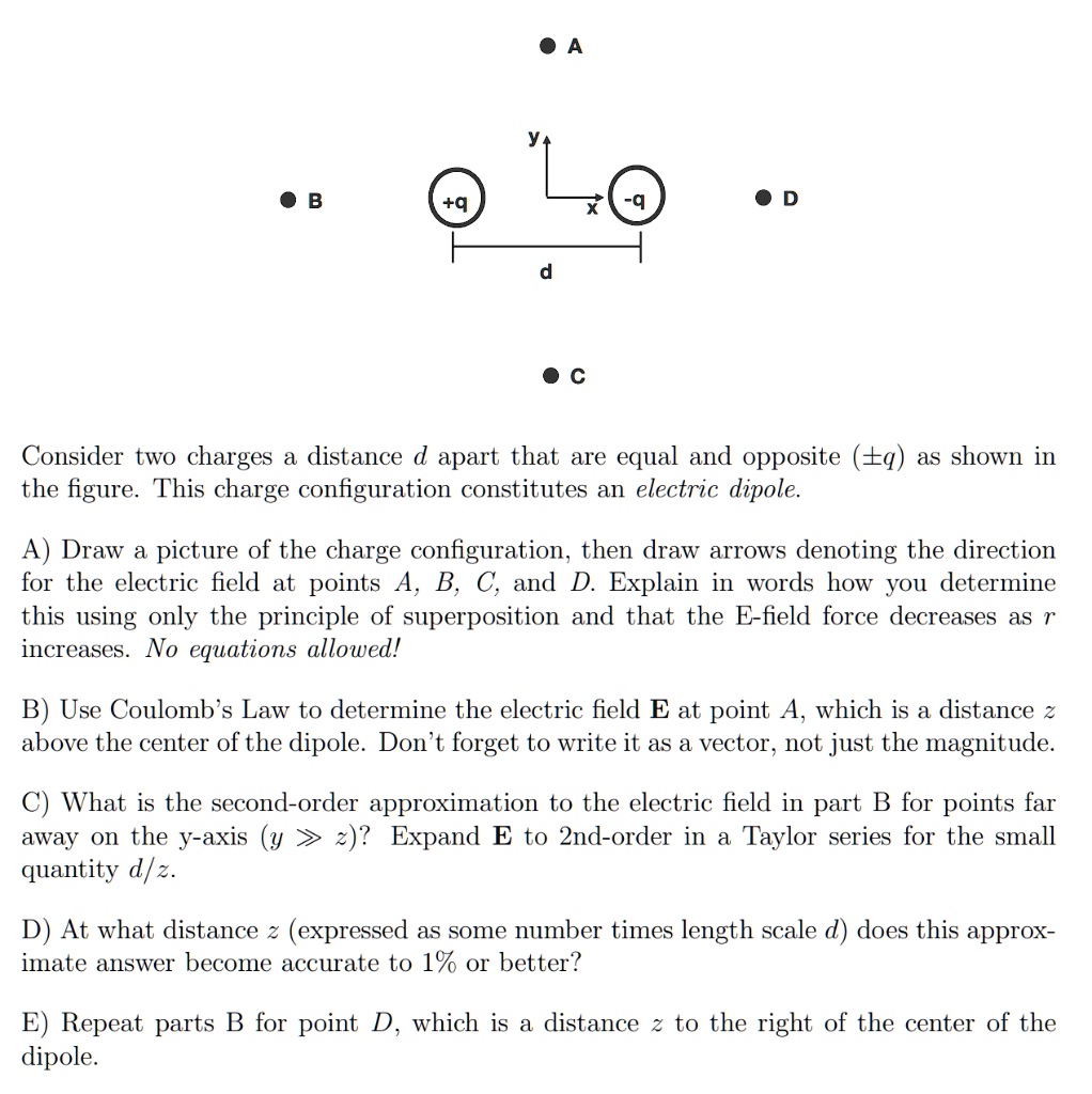 SOLVED: Consider two charges a distance d apart that are equal and opposite (q) as shown in the ...