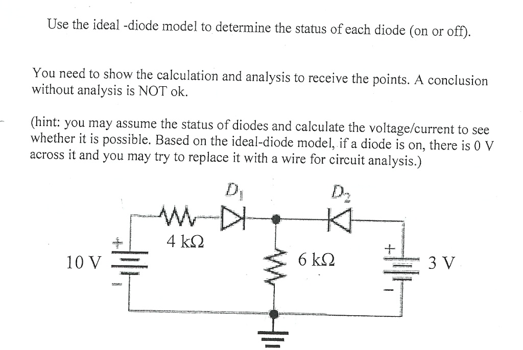 Use the ideal -diode model to determine the status of each diode (on or off). You need to show ...