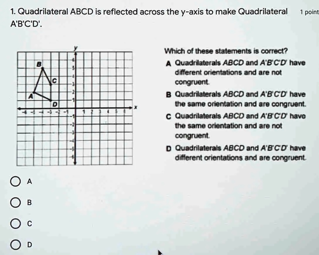 [GET ANSWER] 1. Quadrilateral ABCD is reflected across the y-axis to make Quadrilateral 1 point ...