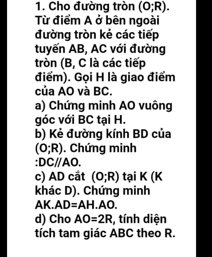 1. Cho Ä‘Æ°á» ng trÃ²n (O;R). Tá»« Ä‘iá»ƒm A náº±m bÃªn ngoÃ i Ä‘Æ°á» ng trÃ²n, káº» cÃ¡c tiáº¿p ...