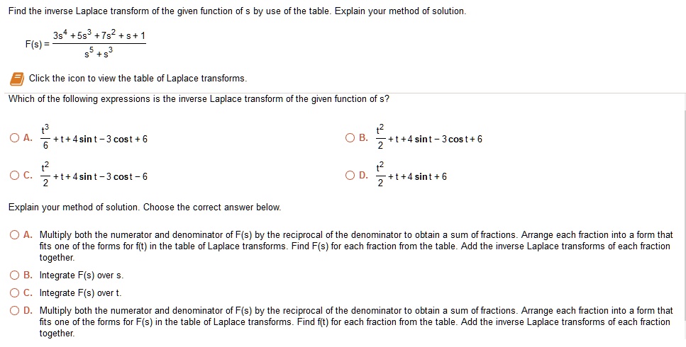 SOLVED: Find the inverse Laplace transform of the given function of by use of the table Explain ...