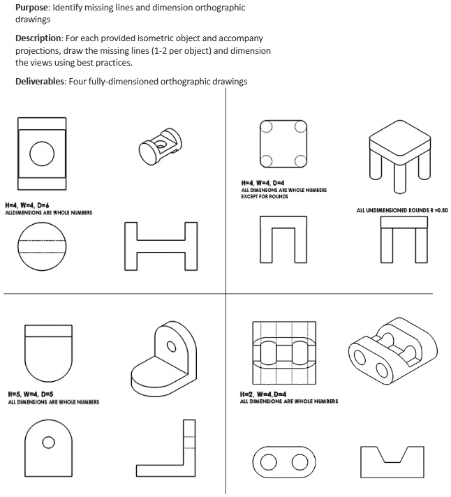 SOLVED: Text: A. Identify missing lines and dimension orthographic ...