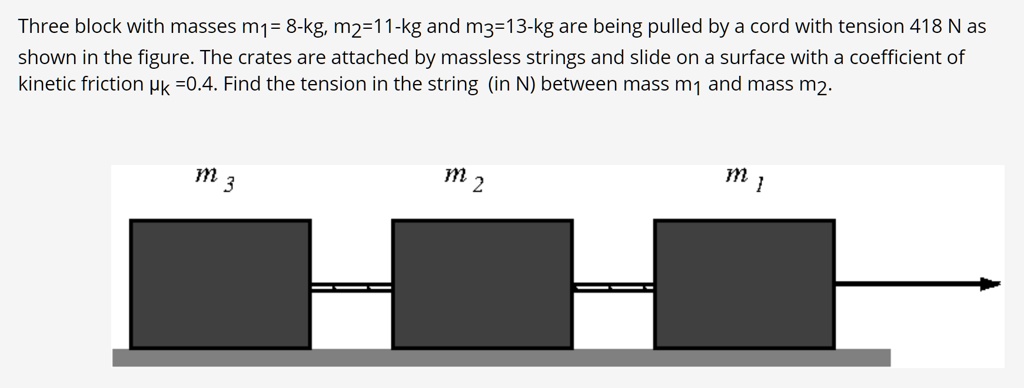 three block with masses m1 8 kg m2 11 kg and m3 13 kg are being pulled by a cord with tension ...