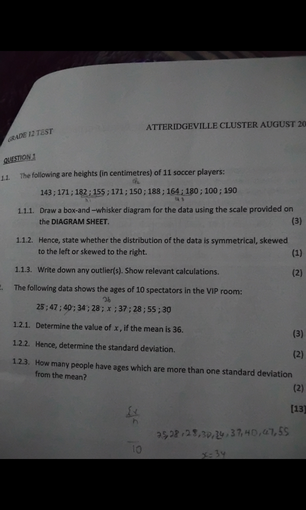 GRADE 12 TEST ATTERIDGEVILLE CLUSTER AUGUST 20 QUESTION 1 1.1. The ...