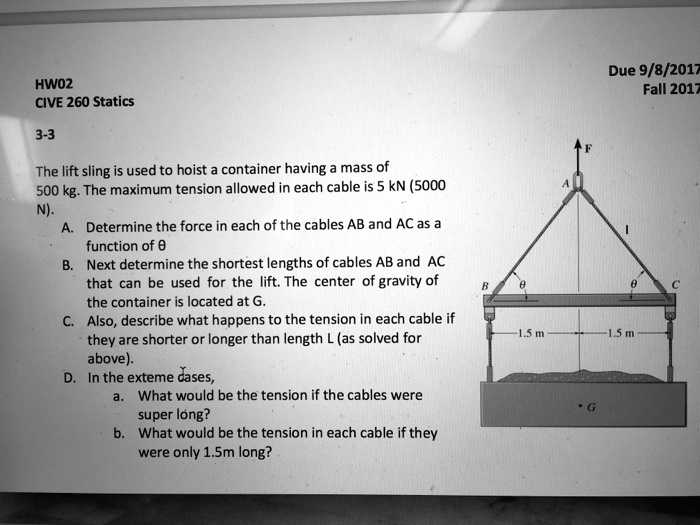 SOLVED: Due 9/8/2017 Fall 2017 HWOZ CIVE 260 Statics 3-3 The lift sling ...