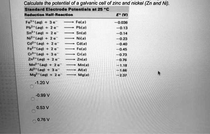 SOLVED: Calculate the potential of a galvanic cell of zinc and nickel (Zn and Ni): Standard ...
