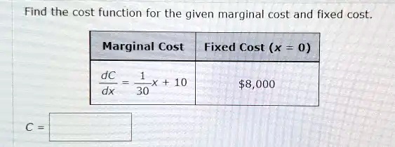 SOLVED: Find the cost function for the given marginal cost and fixed ...