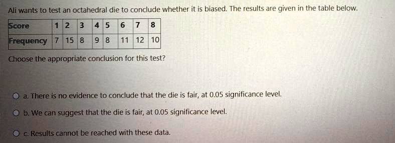 ali wants to test an octahedral die t0 conclude whether it is biased ...