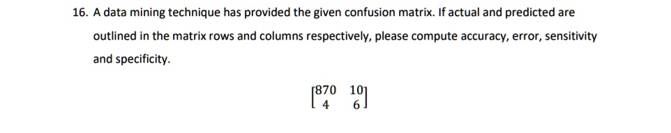 SOLVED: 16 A data mining technique has provided the given confusion ...