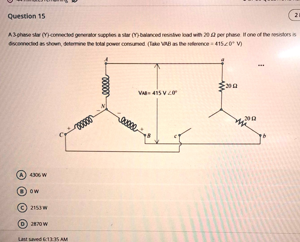 Question 15 A 3-phase star (Y)-connected generator supplies a star (Y ...