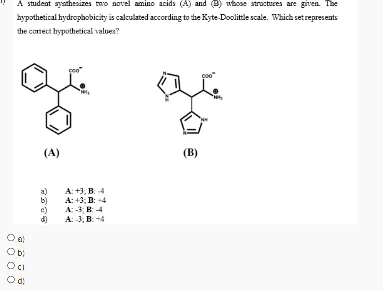 A student synthesizes two novel amino acids (A) and (B) whose ...