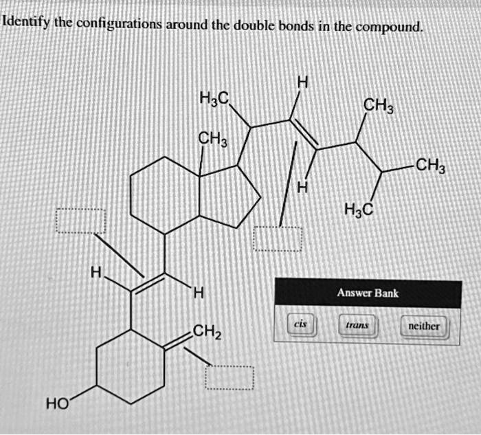 Identify the configurations around the double bonds in the compound. HO ...