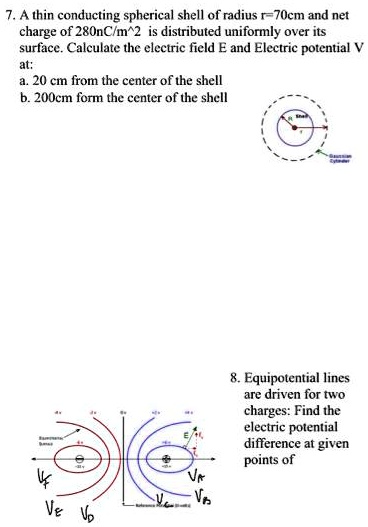 SOLVED: 7. A thin conducting spherical shell of radius r = 70 cm and net charge of 280 nC/m^2 is ...