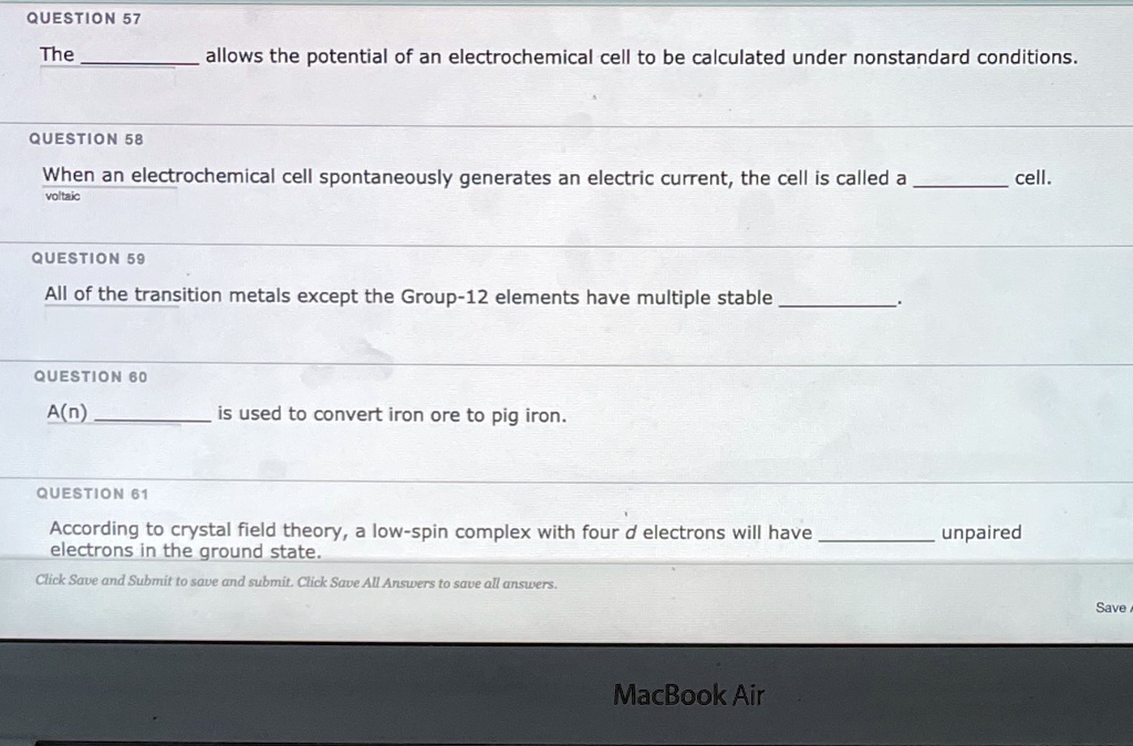 SOLVED: Question 57 The Nernst equation allows the potential of an electrochemical cell to be ...