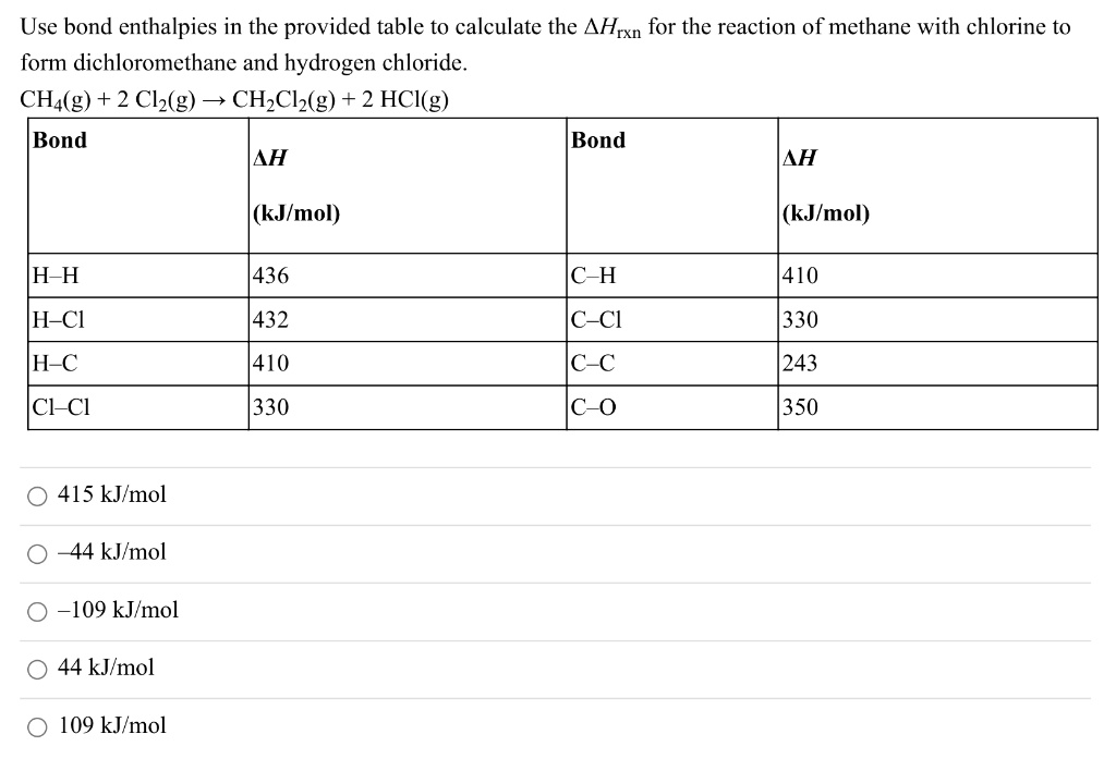 use bond enthalpies in the provided table to calculate the ahxn for the reaction of methane with ...