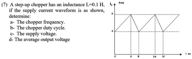 SOLVED: please solve the question 7 A step-up chopper has an inductance L=0.1 H if the supply ...