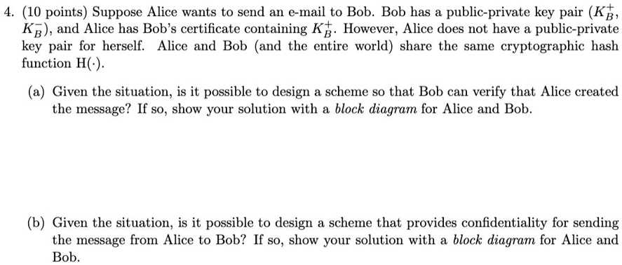 4. (10 points) Suppose Alice wants to send an e-mail to Bob. Bob has a public-private key pair ...