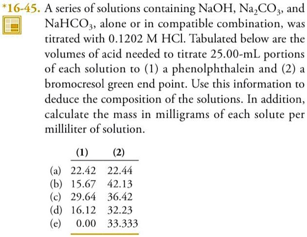 SOLVED: *16-45. A series of solutions containing NaOH, NaCO3, and NaHCO3 alone or in compatible ...