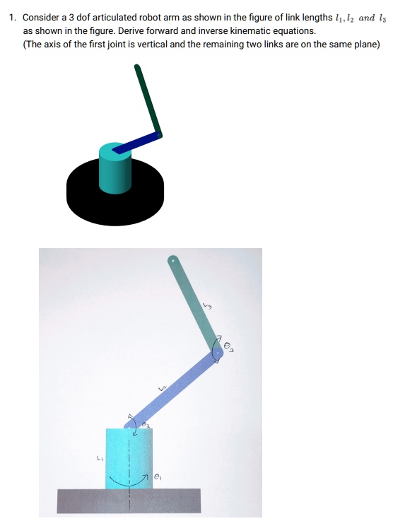 1. Consider a 3 dof articulated robot arm as shown in the figure of link lengths l1, l2 and l3 ...