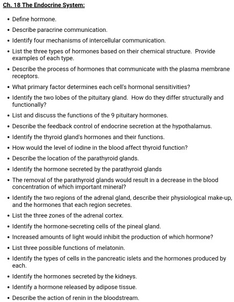 SOLVED: Ch. 18 The Endocrine System: Define hormone. Describe paracrine communication. ldentify ...