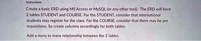 Instructions Create a basic ERD using MS Access or MySQL (or any other tool). The ERD will have ...
