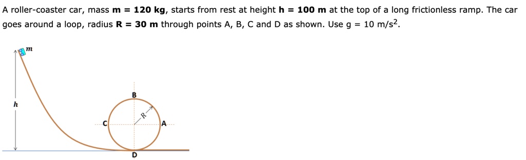 SOLVED: A roller-coaster car, mass m 120 kg, starts from rest at height h 100 m at the top of a ...