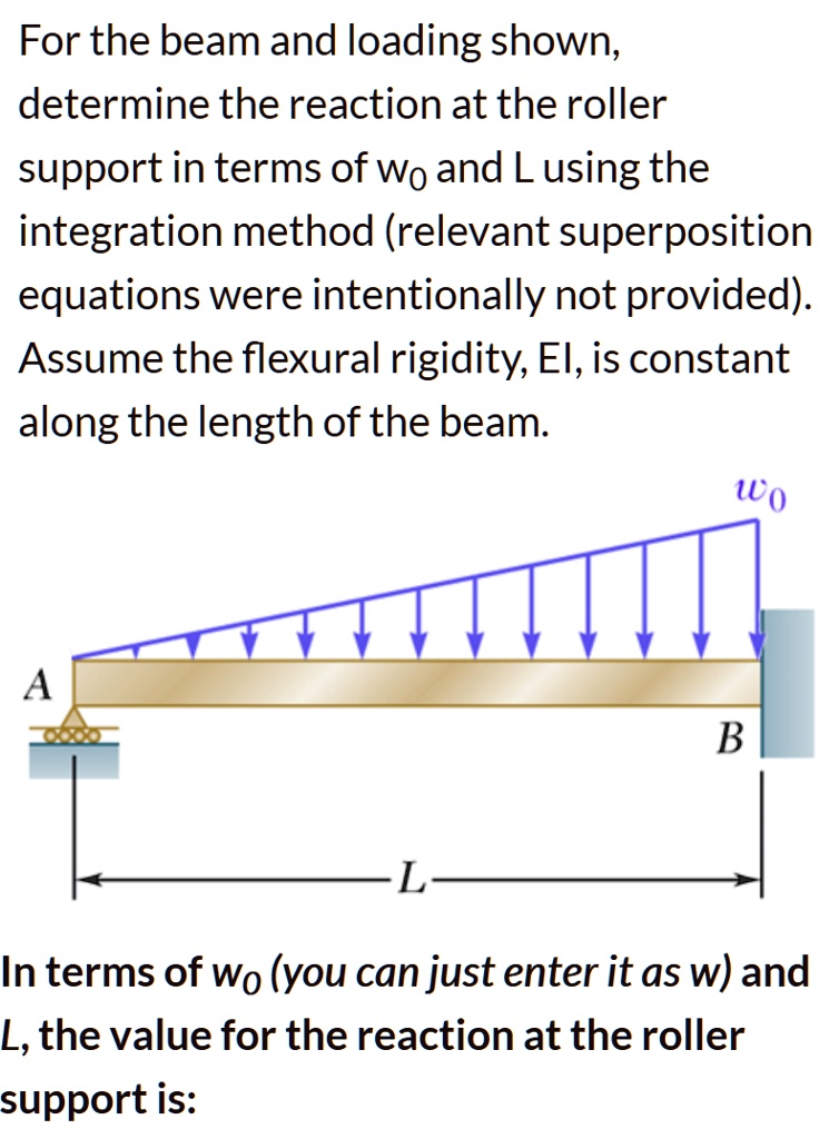 for the beam and loading shown determine the reaction at the roller support in terms of wo and l ...
