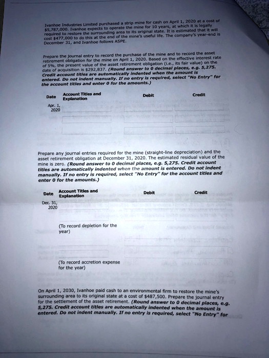 Prepare any journal entries required for the mine (straight-line ...