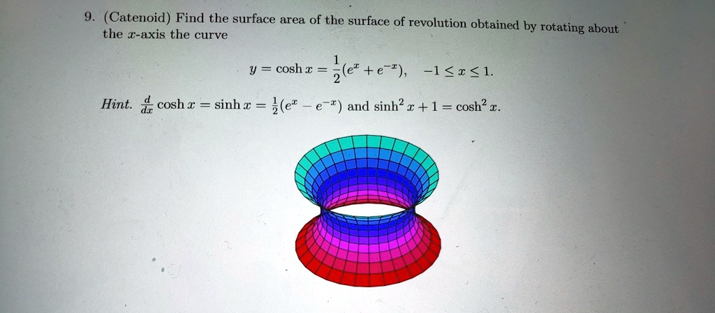 SOLVED: 9. (Catenoid) Find the surface area of the surface of ...